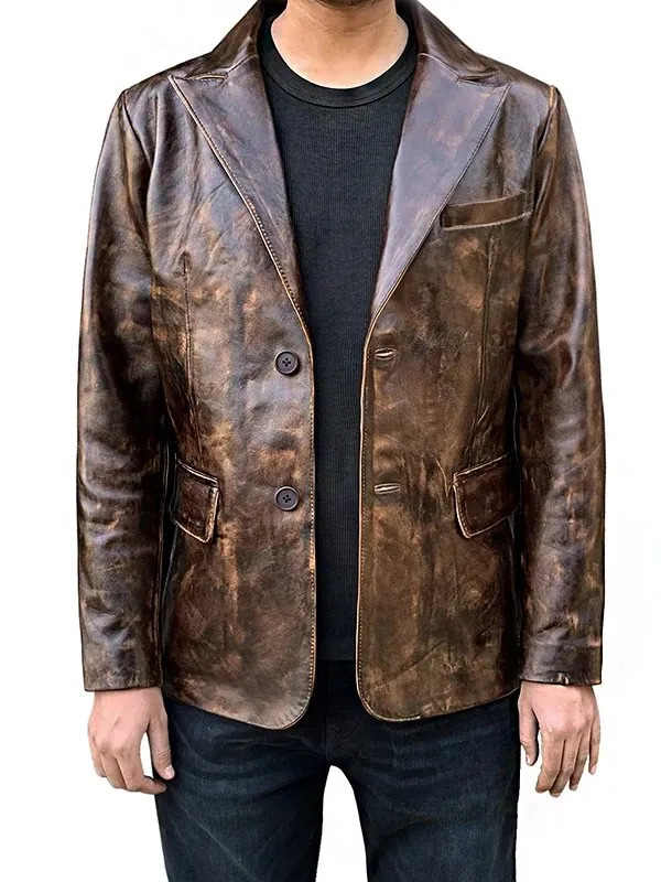 Mens Brown Vintage Leather Blazer - Jacket Hub
