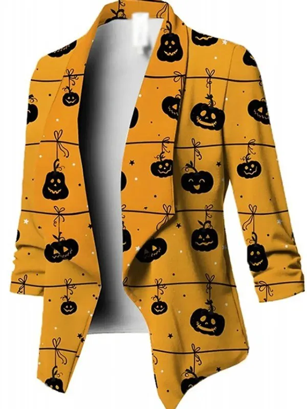 Halloween Pumpkin Printed Blazer - Pumpkin Black-Yellow Blazer