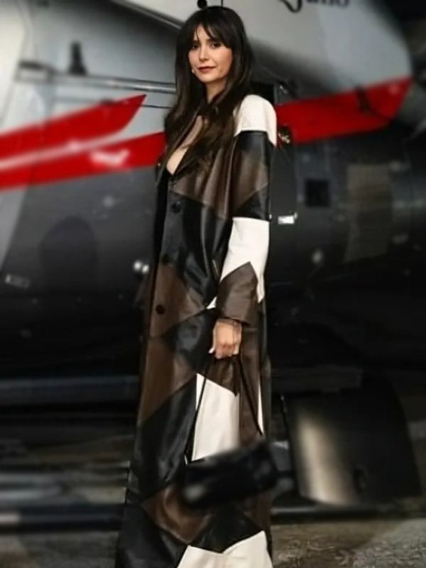 Nina Dobrev Patchwork Leather Trench Coat - Jacket Hub