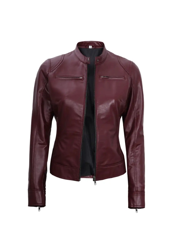 Womens Maroon Cafe Racer Leather Jacket - Jacket Hub