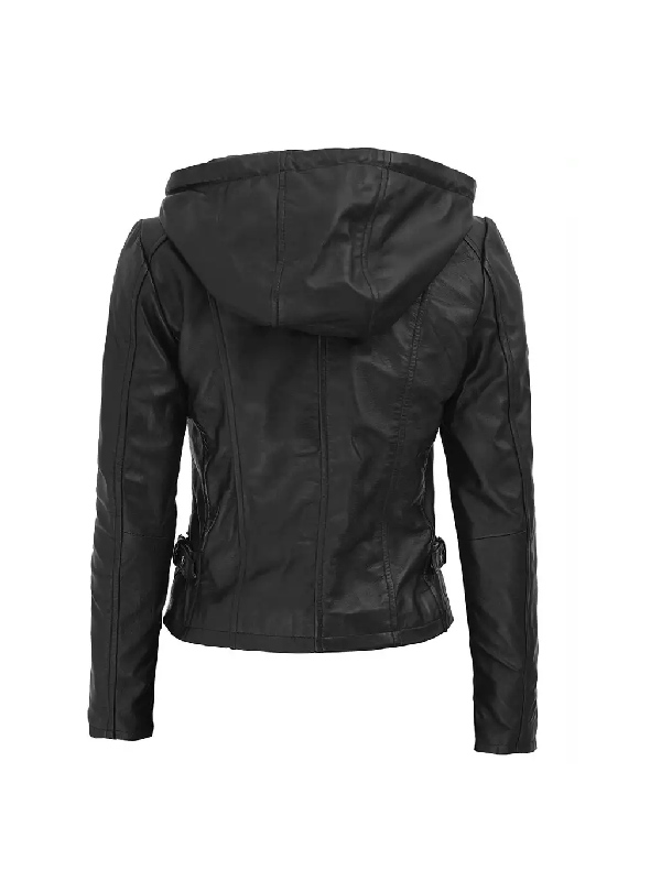 Womens Black Leather Hooded Jacket Jacket Hub