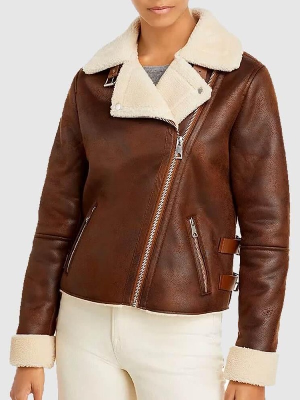 Womens Brown Leather Motorcycle Shearling Jacket