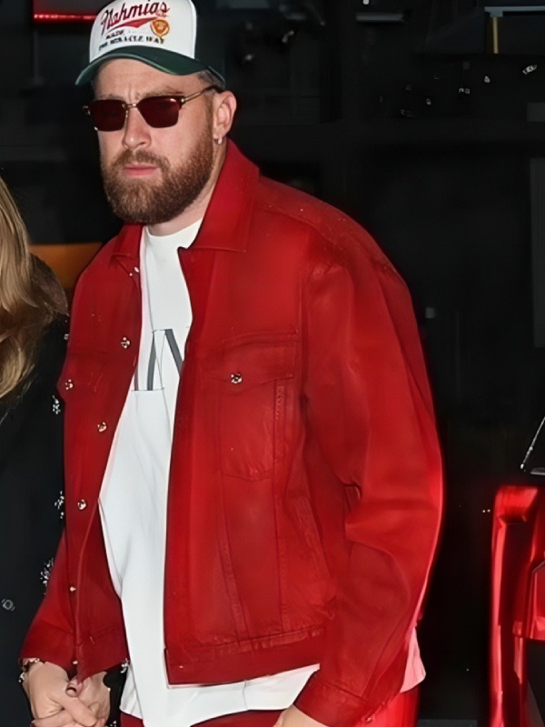 Travis Kelce Red Waxed Trucker Jacket - Jacket Hub