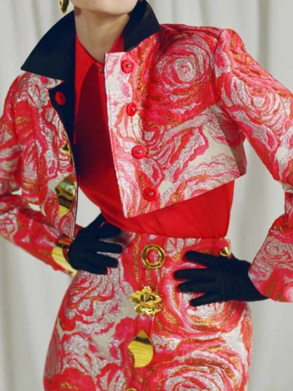 E! News Keltie Knight Red Rose Jacquard Jacket - Jacket Hub