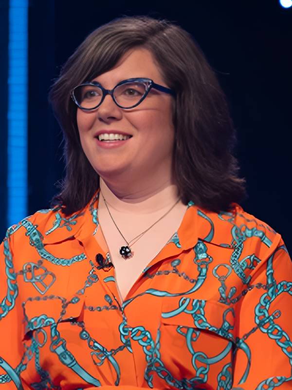 Jeopardy Masters S03 Victoria Groce Orange Chain Print Blouse
