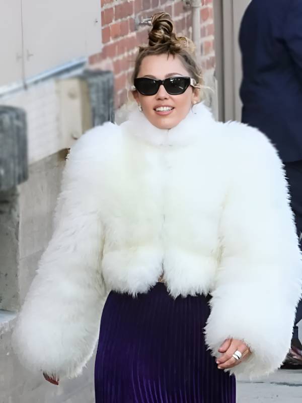 Miley Cyrus LA 2025 White Fur Cropped Jacket - Jacket Hub