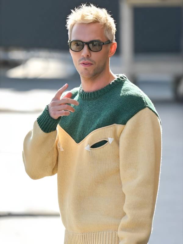 Jimmy Kimmel Live 2025 Nicholas Hoult Green & Beige Sweater