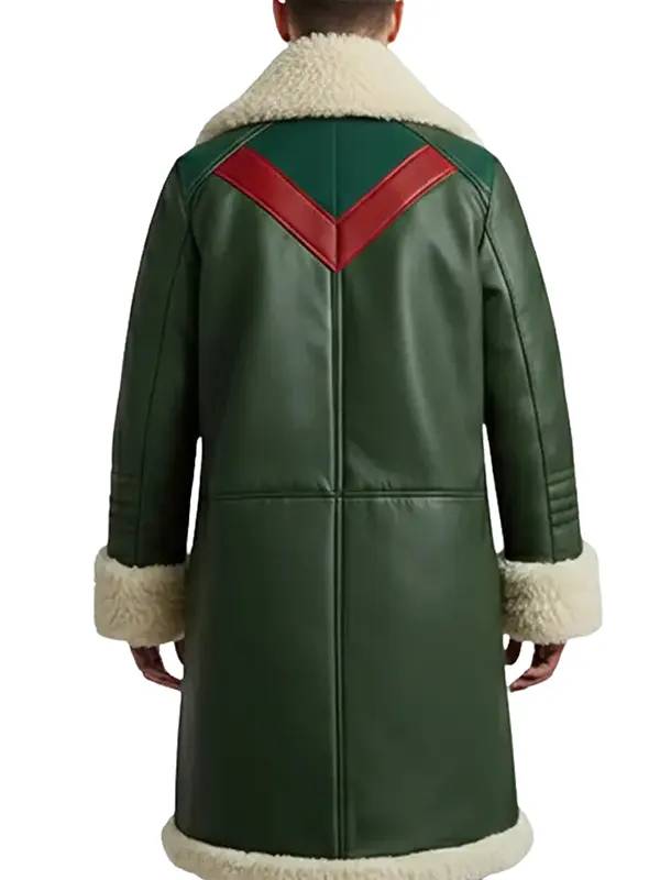 Men’s Shearling Green Long Christmas Coat - Jacket Hub
