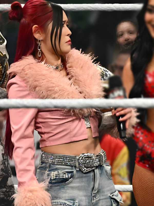 WWE Raw 2026 Masami Odate Pink Fur Trim Leather Jacket