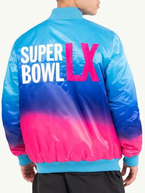 Super Bowl LX Pink Blue Satin Varsity Jacket - Jacket Hub